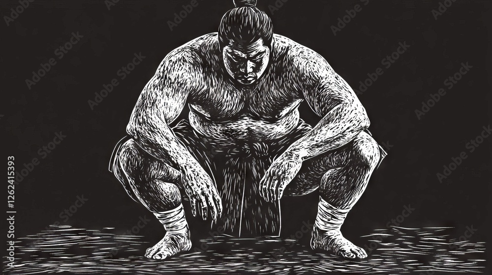 Strong sumo wrestler preparing for a match while squatting in ...