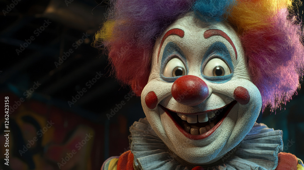 Happy grinning clowns face with a big toothy smile, a red nose and ...