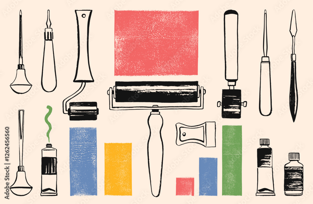 Vector de Stock Linocut relief block printing carving tools ...