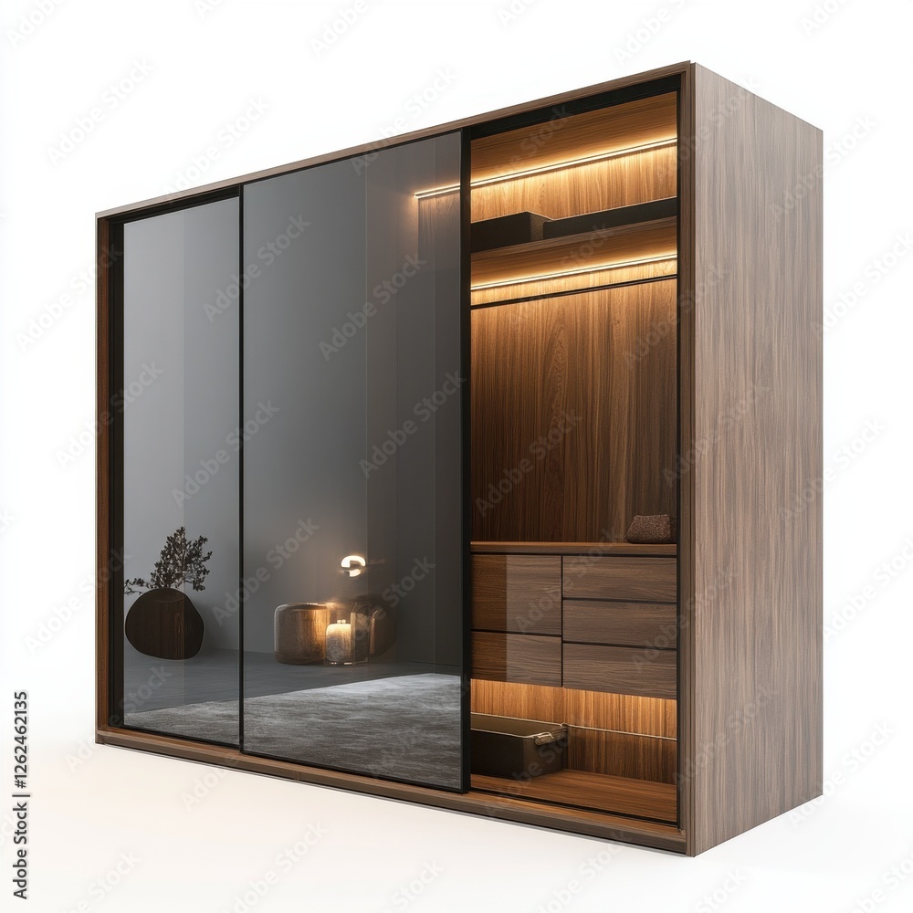 Modern wardrobe design featuring sliding glass doors and integrated ...
