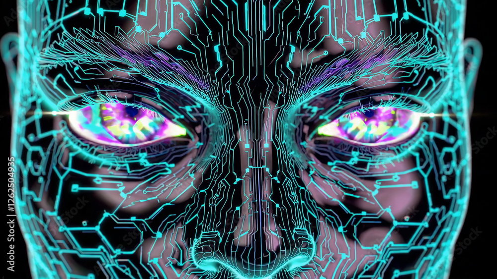 Digital human head with LED lines on black background. Volumetric 3d ...