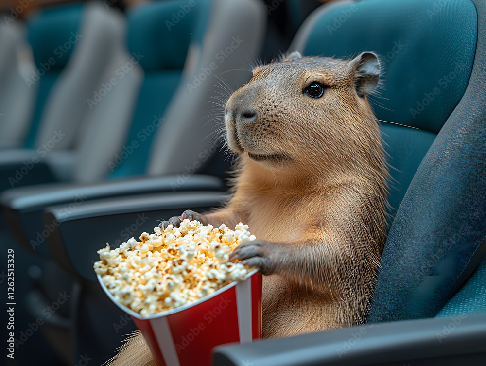 Capybara Sitting on a Chair and Eating Popcorn at the Movie Theater ...