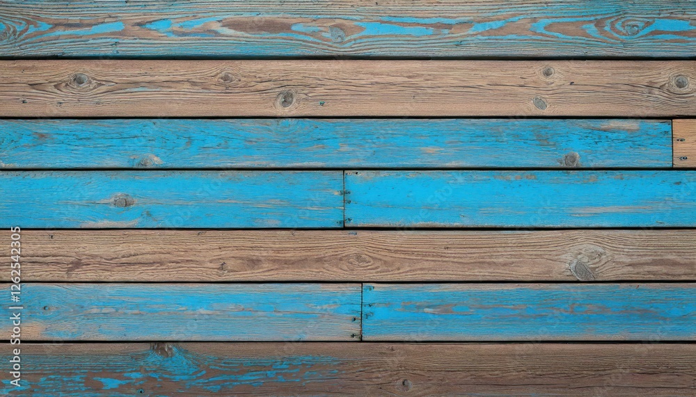 weathered wood planks painted in a faded blue and natural brown color ...