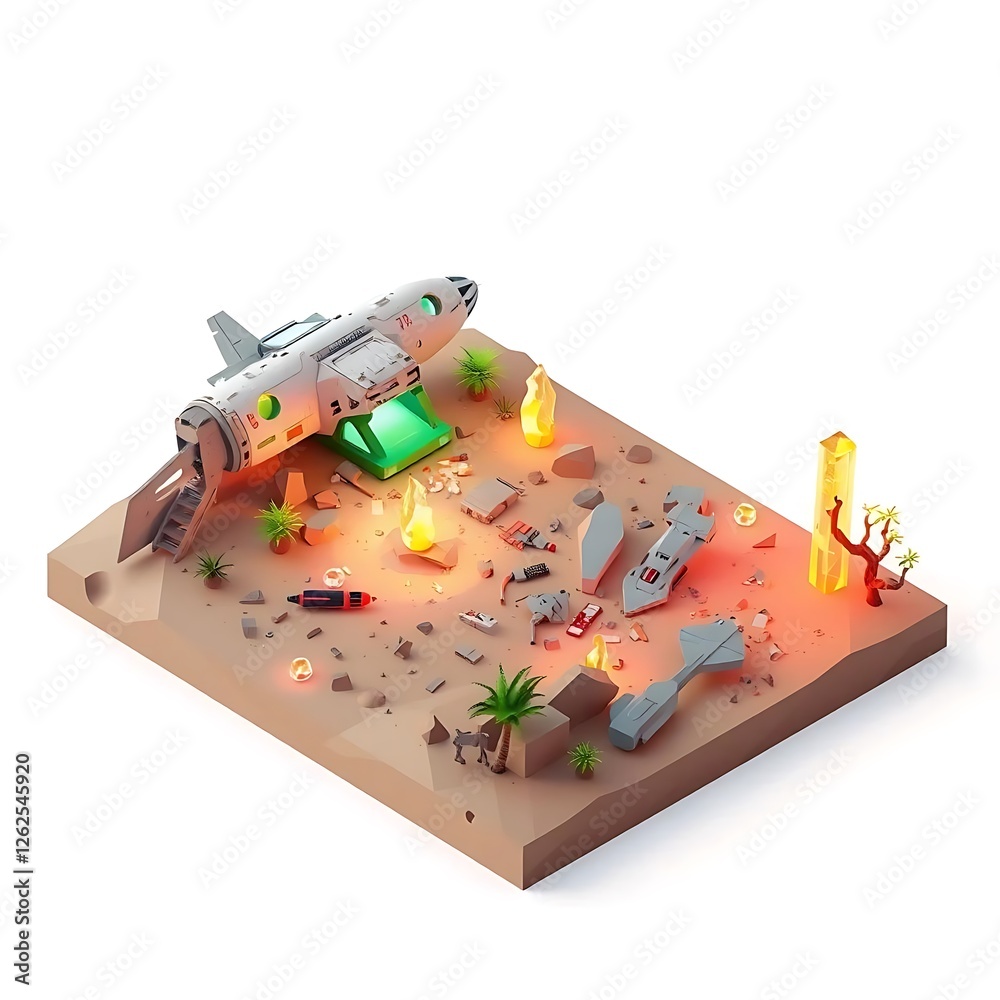 Low Poly Desert Crash Site Spaceship Wreckage Diorama Scene Stock ...