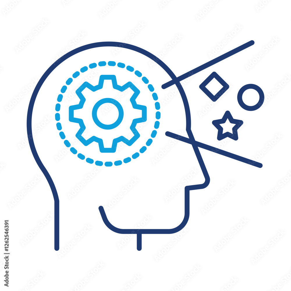 Vector icon of Head with gear and objects. This icon represents the ...