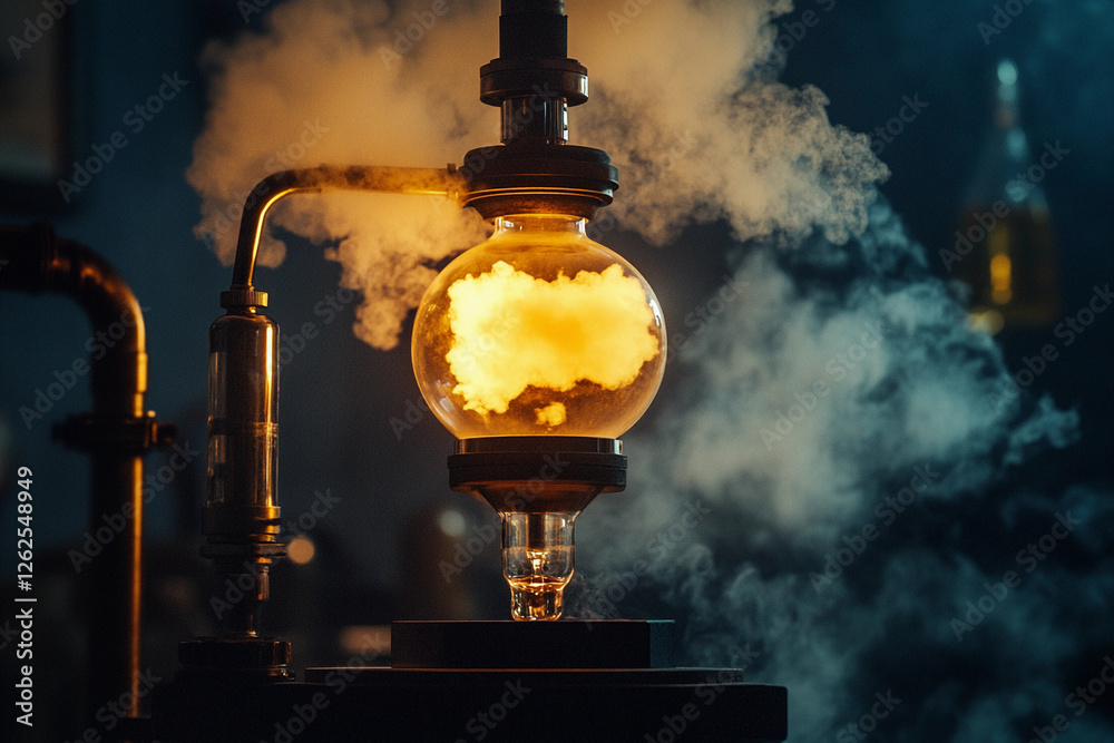 Chemical reaction causing vapor and bubbling escape from a flask in a ...
