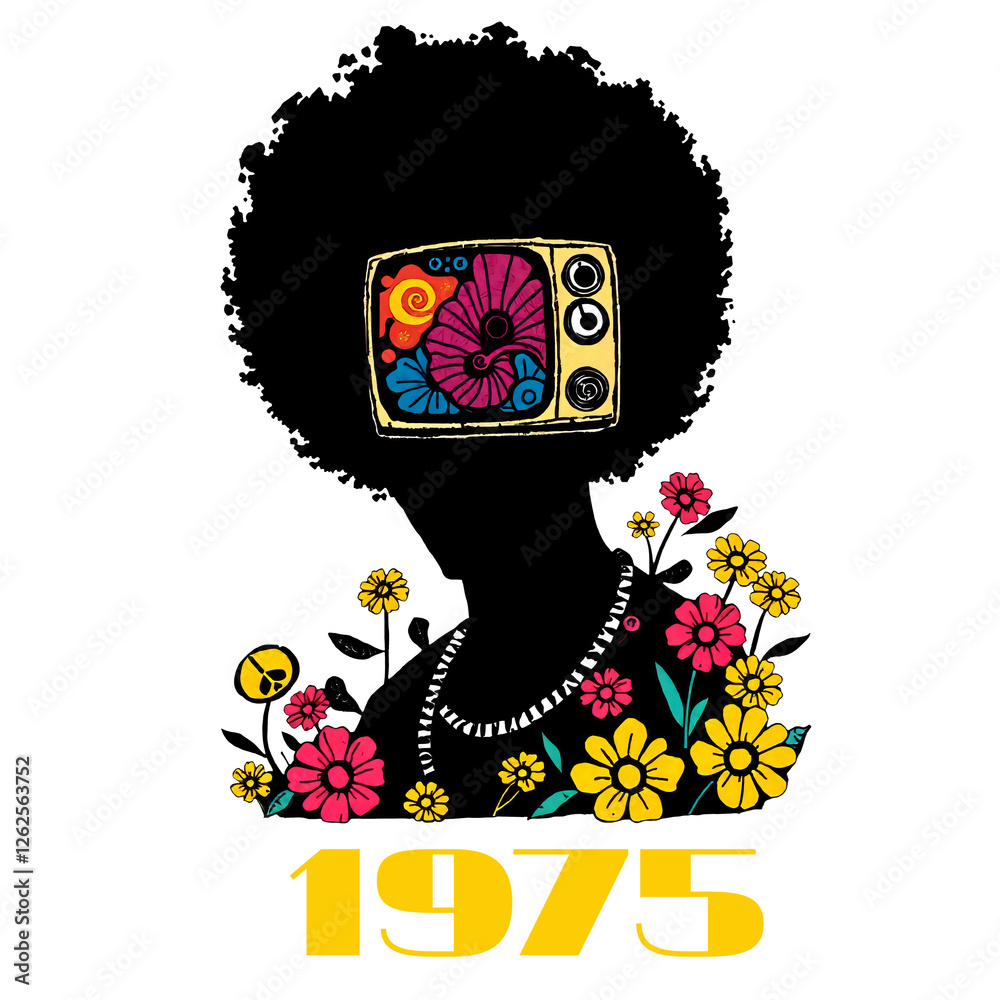 A vibrant illustration of a dark-skinned man with retro flowers in his ...