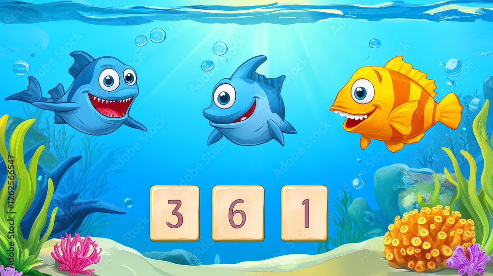 Kids math game, underwater landscape and sea animals. Vector ...
