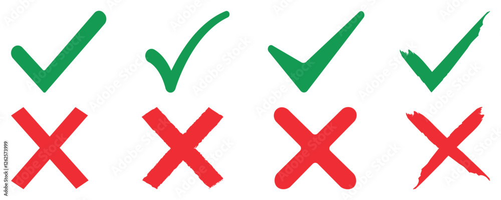 Check mark icon set. right and wrong buttons and yes or no checkmark icons in green tick box and ...
