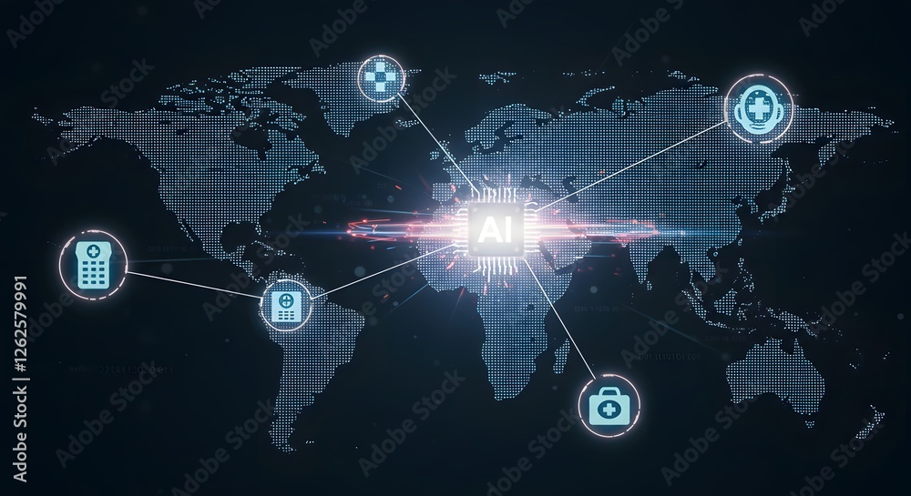 Global ai healthcare network digital technology world map artificial ...