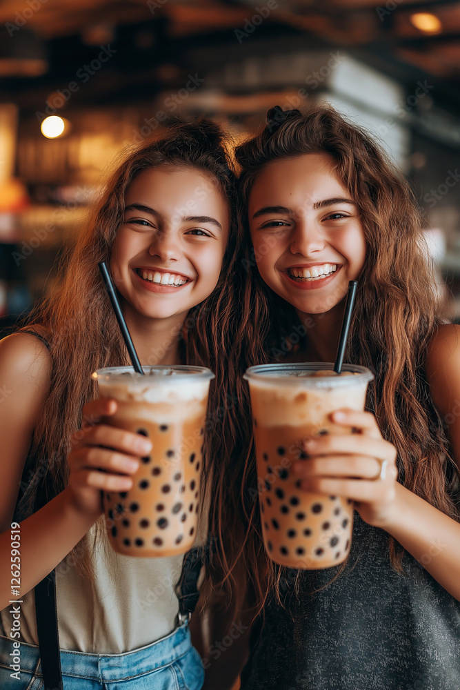 Two cheerful sixteen years old girls with bubble tea in trendy bubble ...
