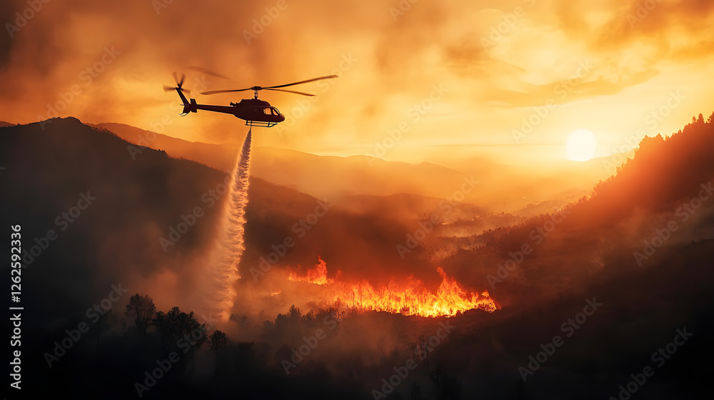 Helicopter dropping water over wildfire in dramatic sunset. scene ...