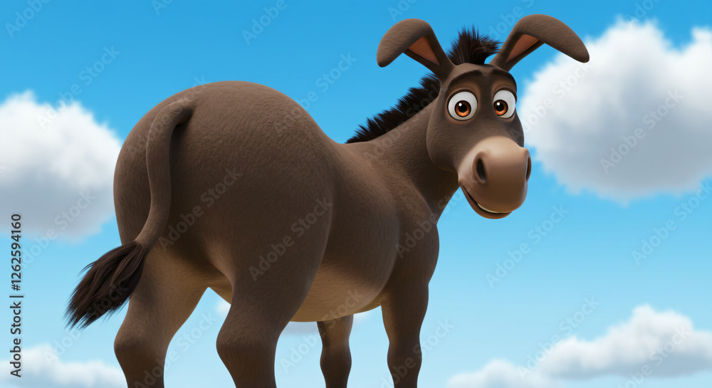 zoom out to a full view of a 3d cartoon of the back end of a donkey ...
