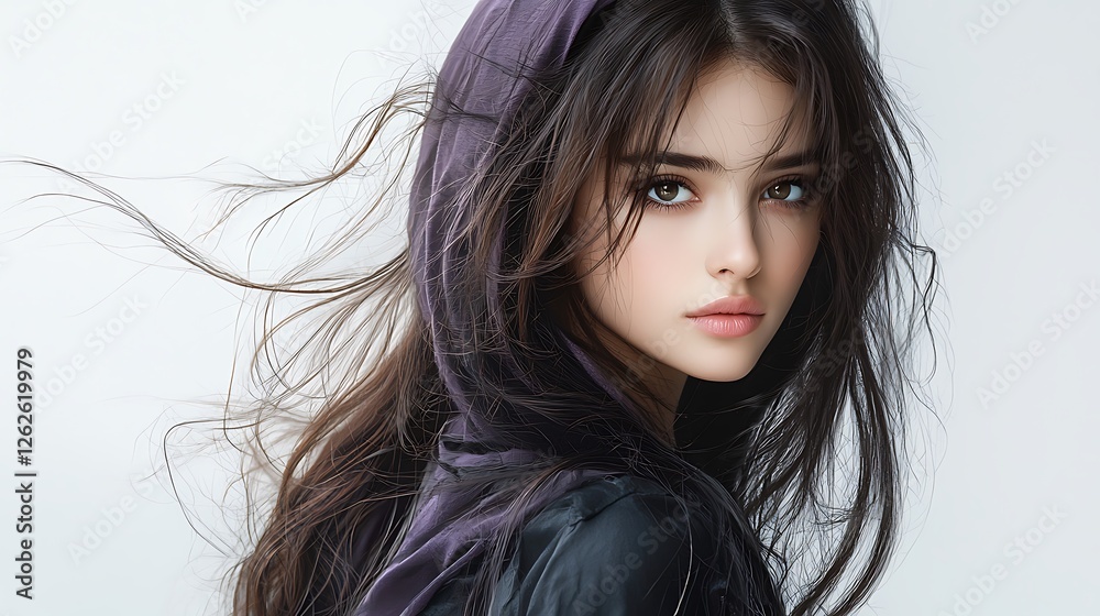 Beautiful female fantasy character in profile, long dark brown hair ...