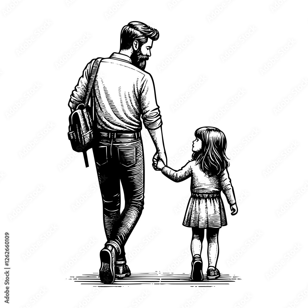 Father holding daughter hand sketch engraving black and white outline ...