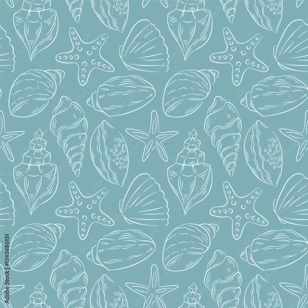 Seashell seamless pattern in line art style on turquoise background ...