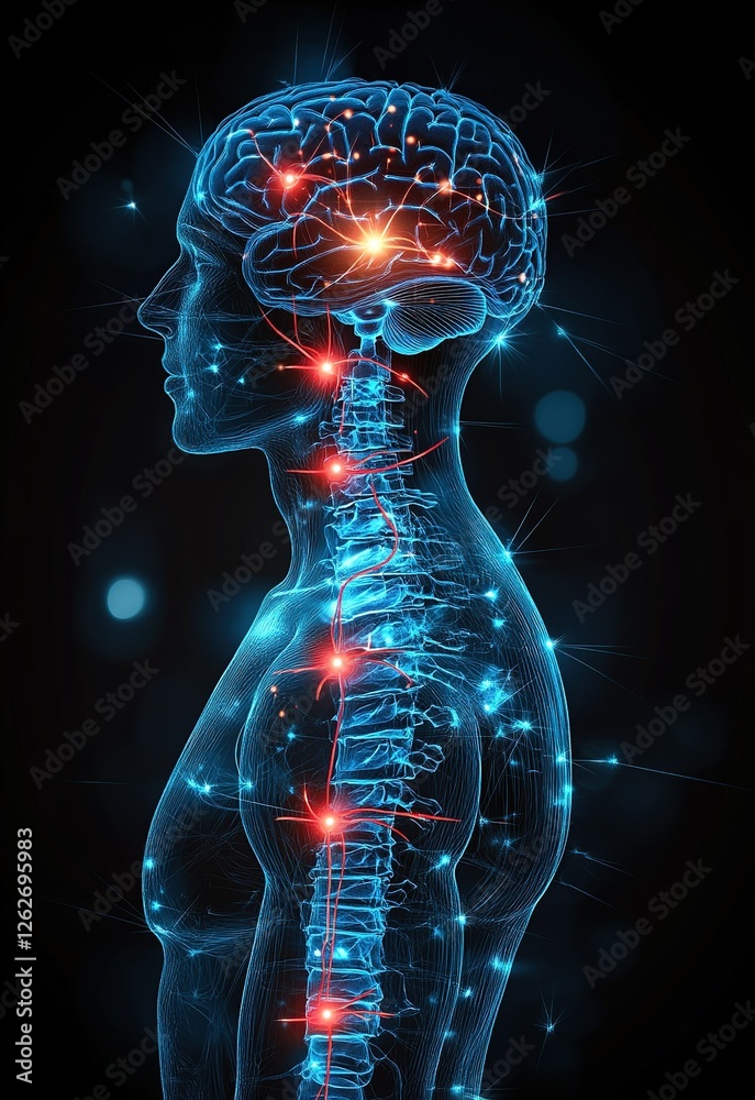 The human body seen in profile with the nervous system. The brain glows ...