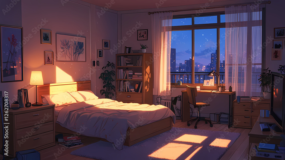 Quiet anime bedroom at night, lit by a small bedside lamp, with soft ...