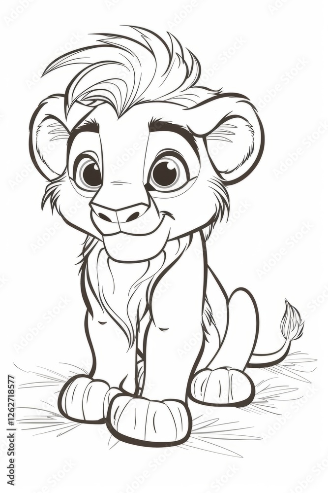 Cute baby lion cub sitting and looking forward in a simple, stylized ...
