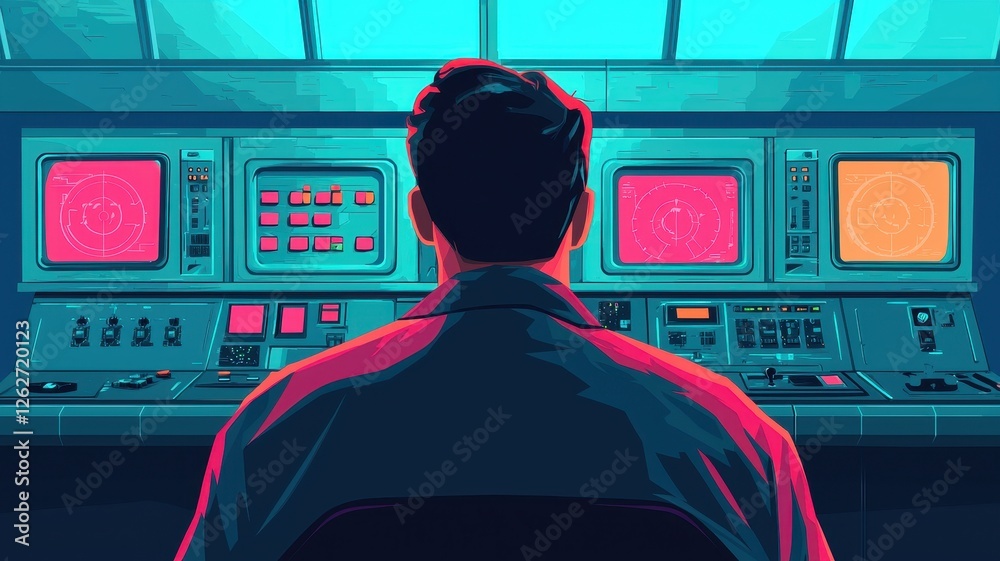 Man at Retro Control Panel Futuristic Technology Vintage Sci Fi ...