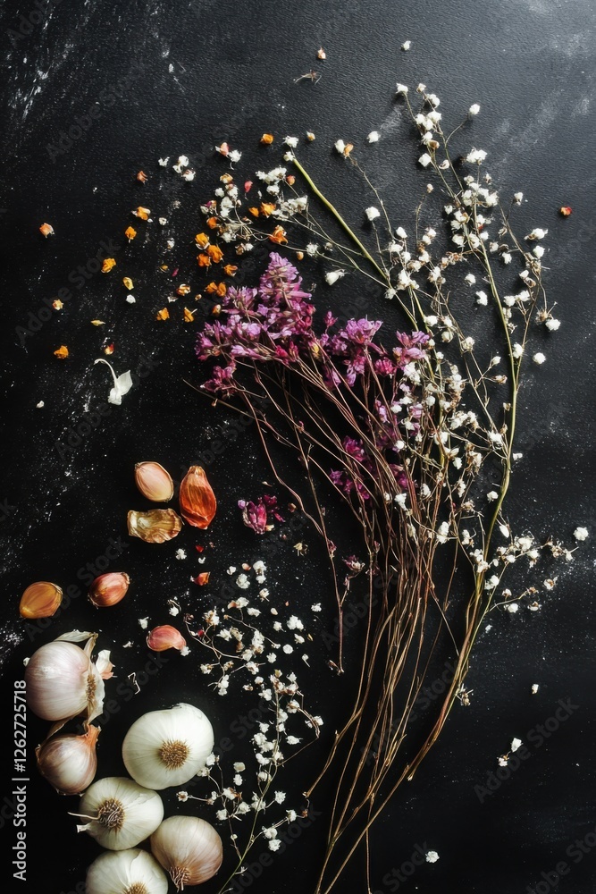 Food cooking background with dried flowers, spices and onion at black ...