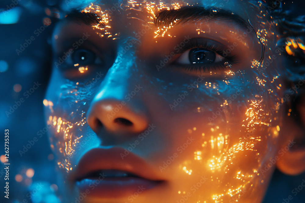 Hyper-realistic human face merging with liquid metal and glowing AI circuits, symbolizing ...