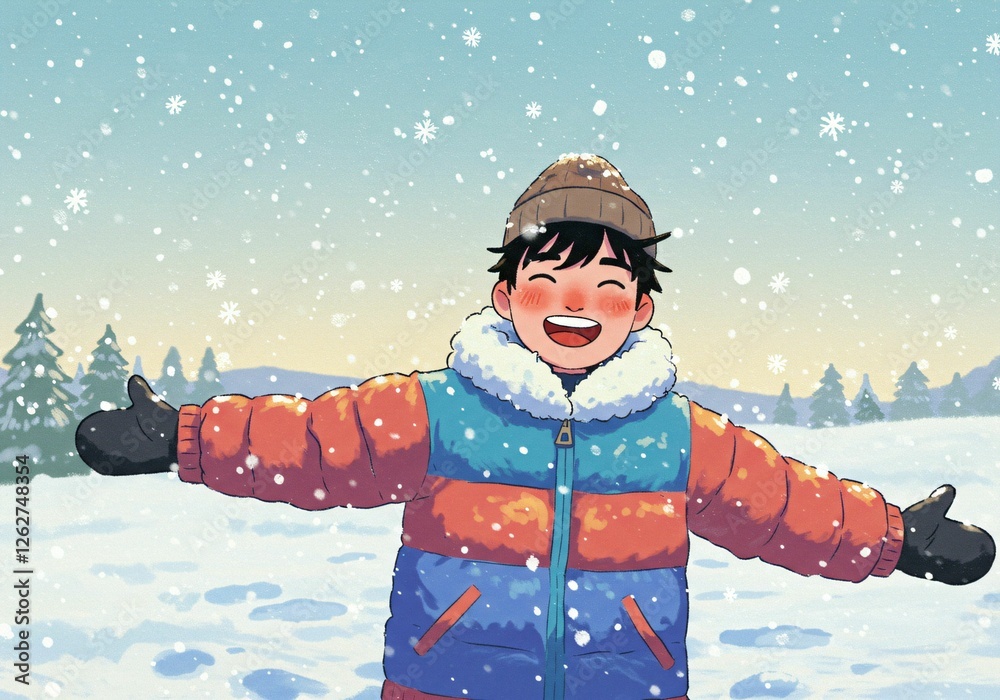 Cartoon boy enjoying snowfall in winter landscape. Stock Illustration ...