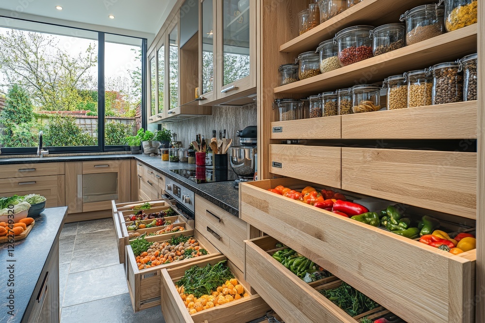 Modern kitchen with organized drawers filled with fresh vegetables and ...