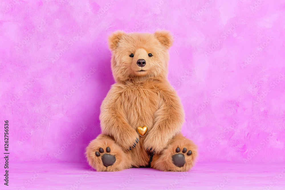 Rustic brown teddy bear dancing with a golden heart locket, worn ...