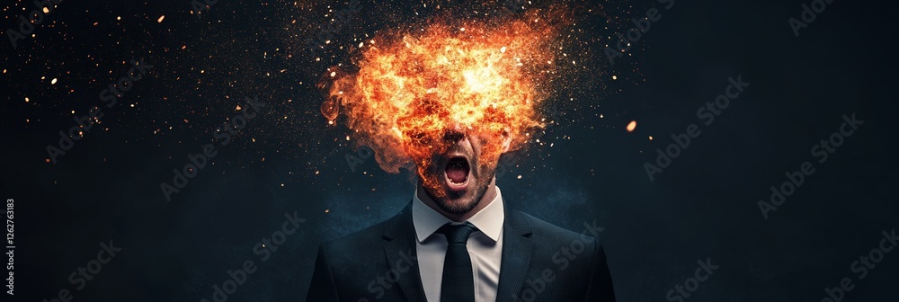 Stressed businessman exploding head with fire and sparks due to information overload and burnout ...