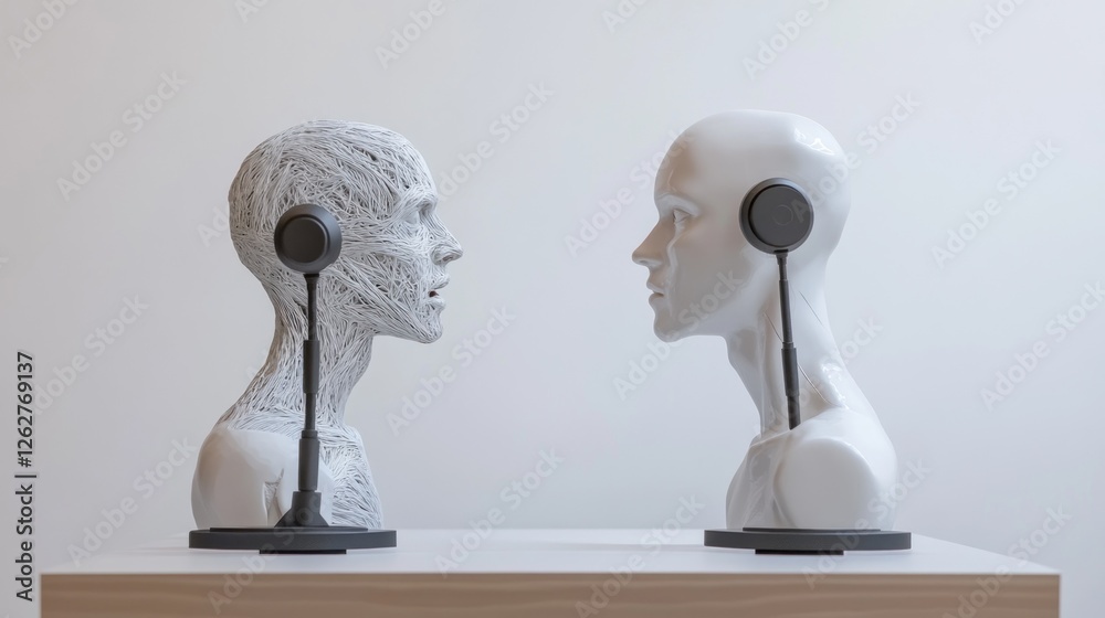 Two sculpted heads facing each other, one textured, one smooth, on ...