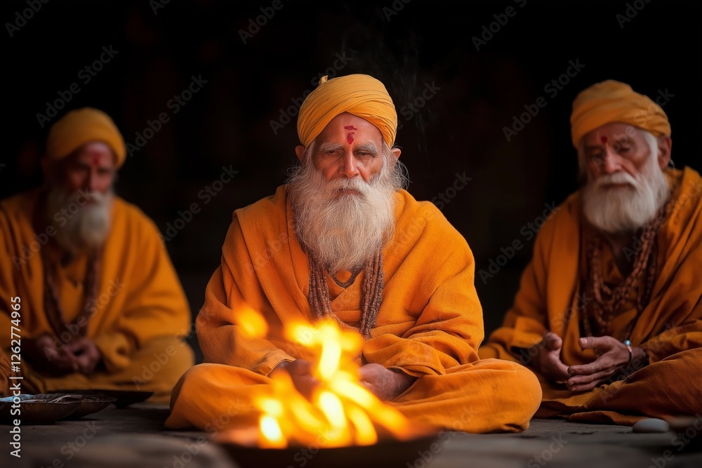 A group of old Hindu sadhu monks sitting around a fire. Concept Maha ...