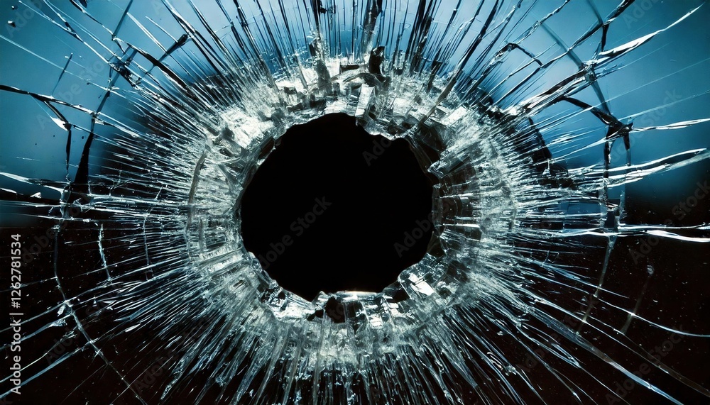 Shattered glass hole with jagged edges creating a striking pattern of ...