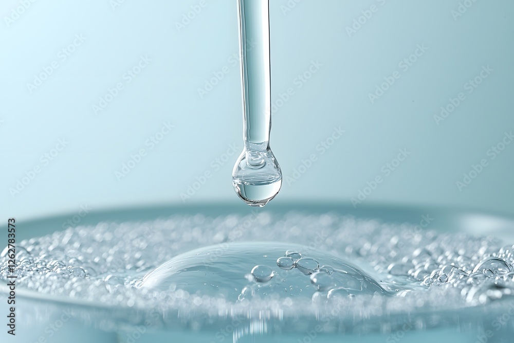 Elegant dropper releasing a droplet into a water surface with bubbles ...