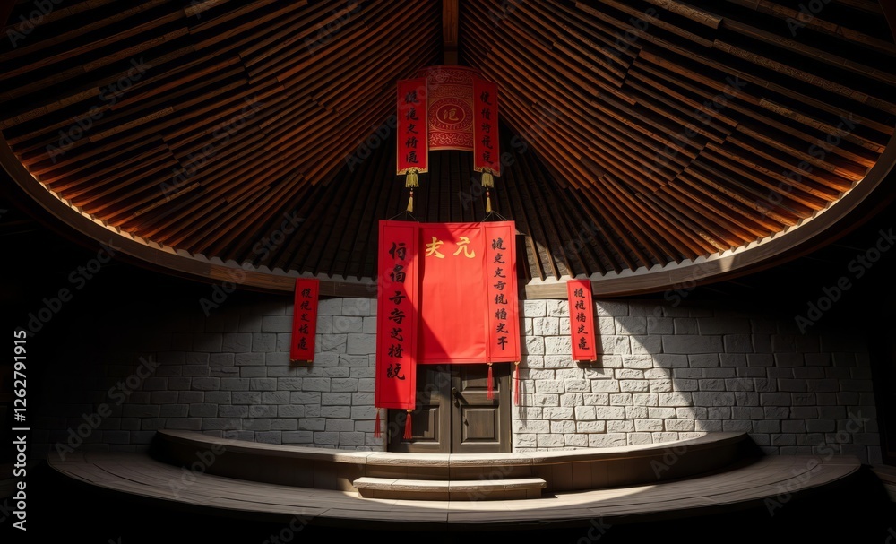 Fujian tulou (hakka roundhouse) the red paper with chinese words are ...