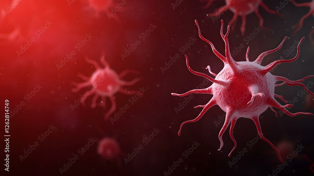The image shows a microscopic view of multiple red, spiky, virus-like ...