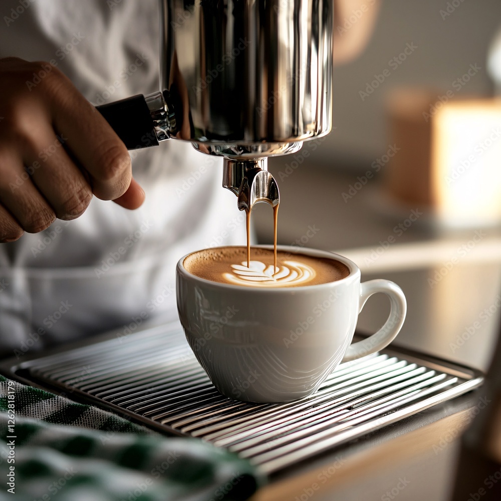 Barista making latte art, coffee shop, espresso machine, foam ...