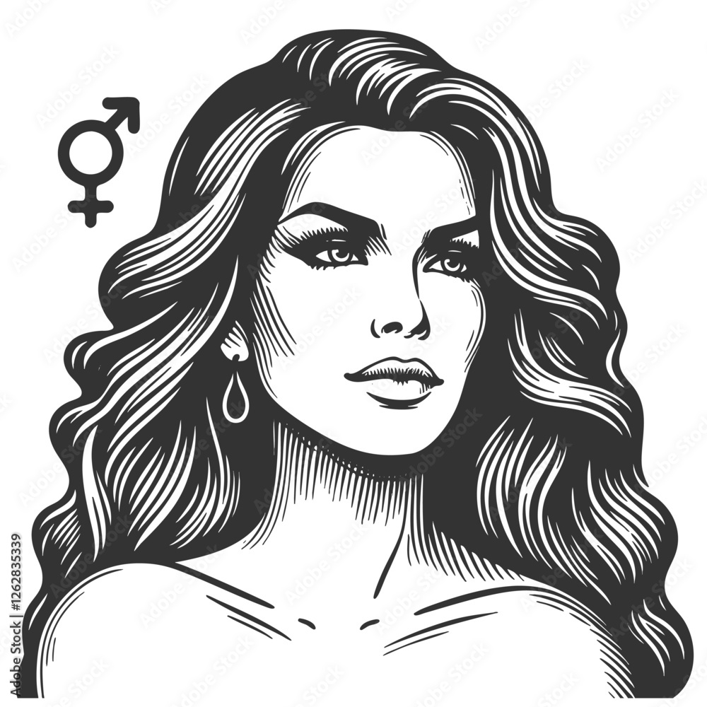 Transgender woman with wavy hair, wearing earrings, with a gender ...