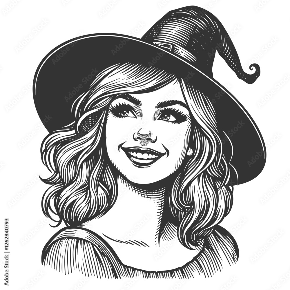 charming witch with long wavy hair, wearing a traditional pointed hat ...