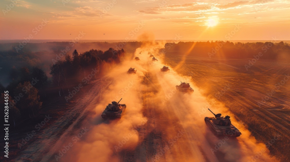 Sunset casts an orange glow as military tanks move through a foggy ...