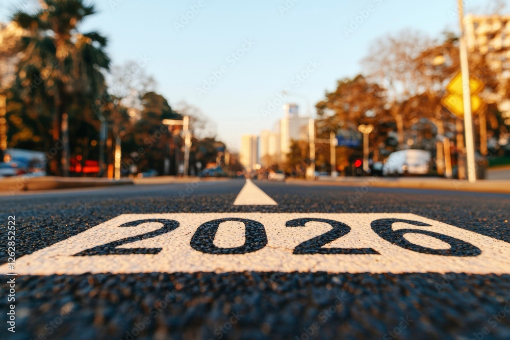 2026 year painted on city road. Urban road with 2026 painted on asphalt ...