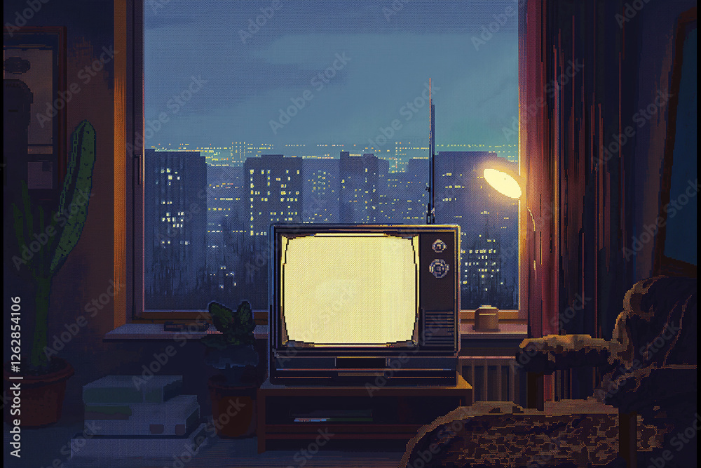 Old television showing static in cozy pixel art room overlooking night ...