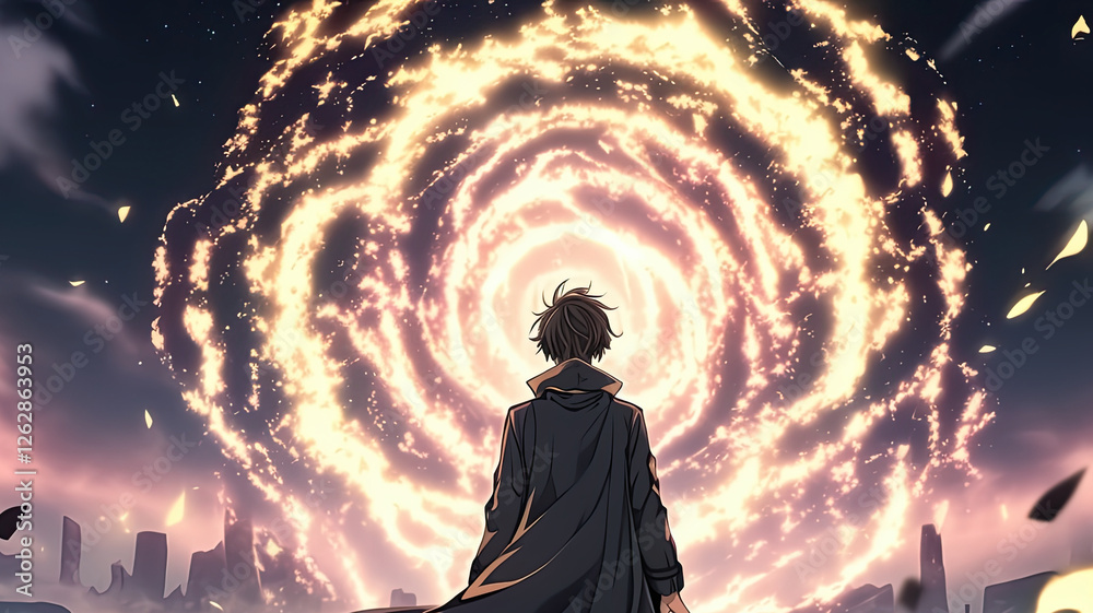 Man standing in front of a spiral vortex with cyber-enhanced anime ...