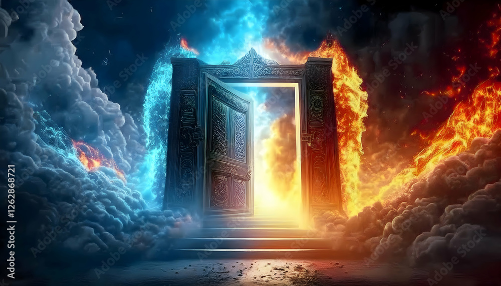 Animation of heaven paradise and fiery hell gates choice. Door to ...