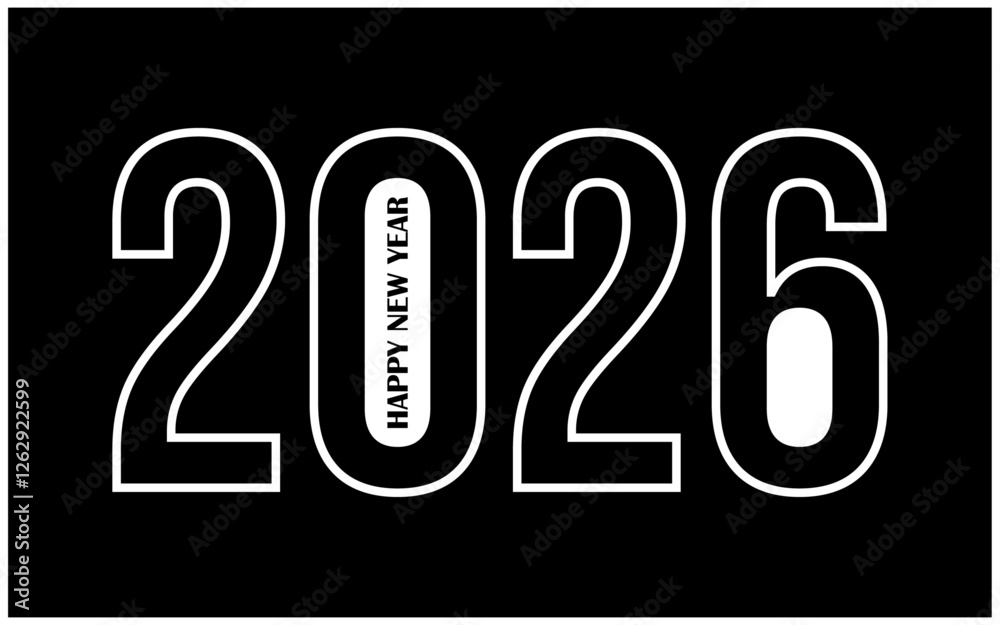 Happy New Year 2026 Design for Greeting Cards.Stylish, bold black numbers 2026 with the words ...