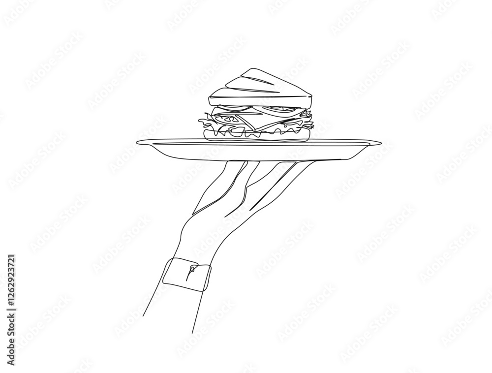 Continuous one line drawing of hand serving sandwich. Serving sandwich ...