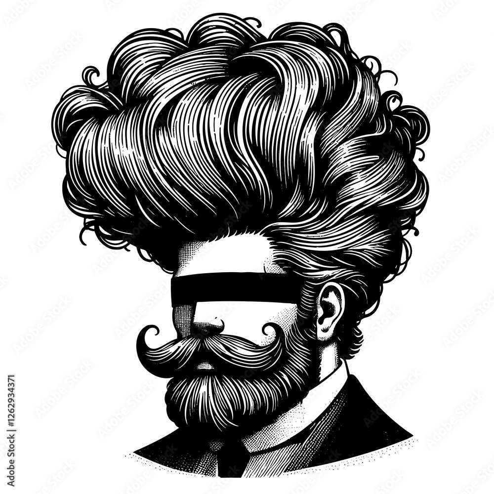 man with an exaggerated voluminous hairstyle, curled mustache, beard ...