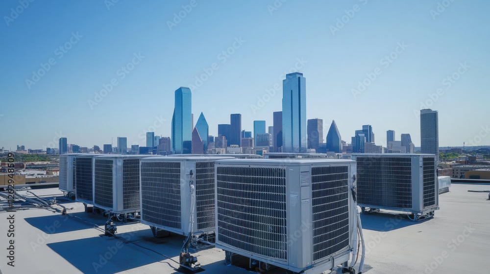 Air conditioning units on rooftop with city skyline in background ...