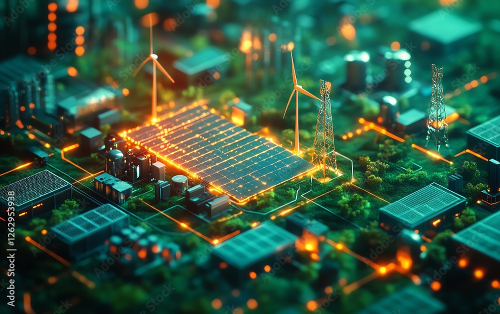 An abstract green energy system with advanced battery storage, wind ...