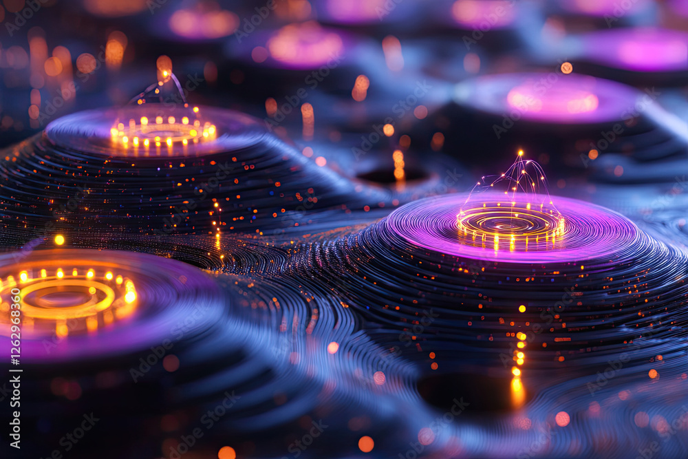 Futuristic visualization of qubits in a complex energy grid, featuring luminous nodes and ...